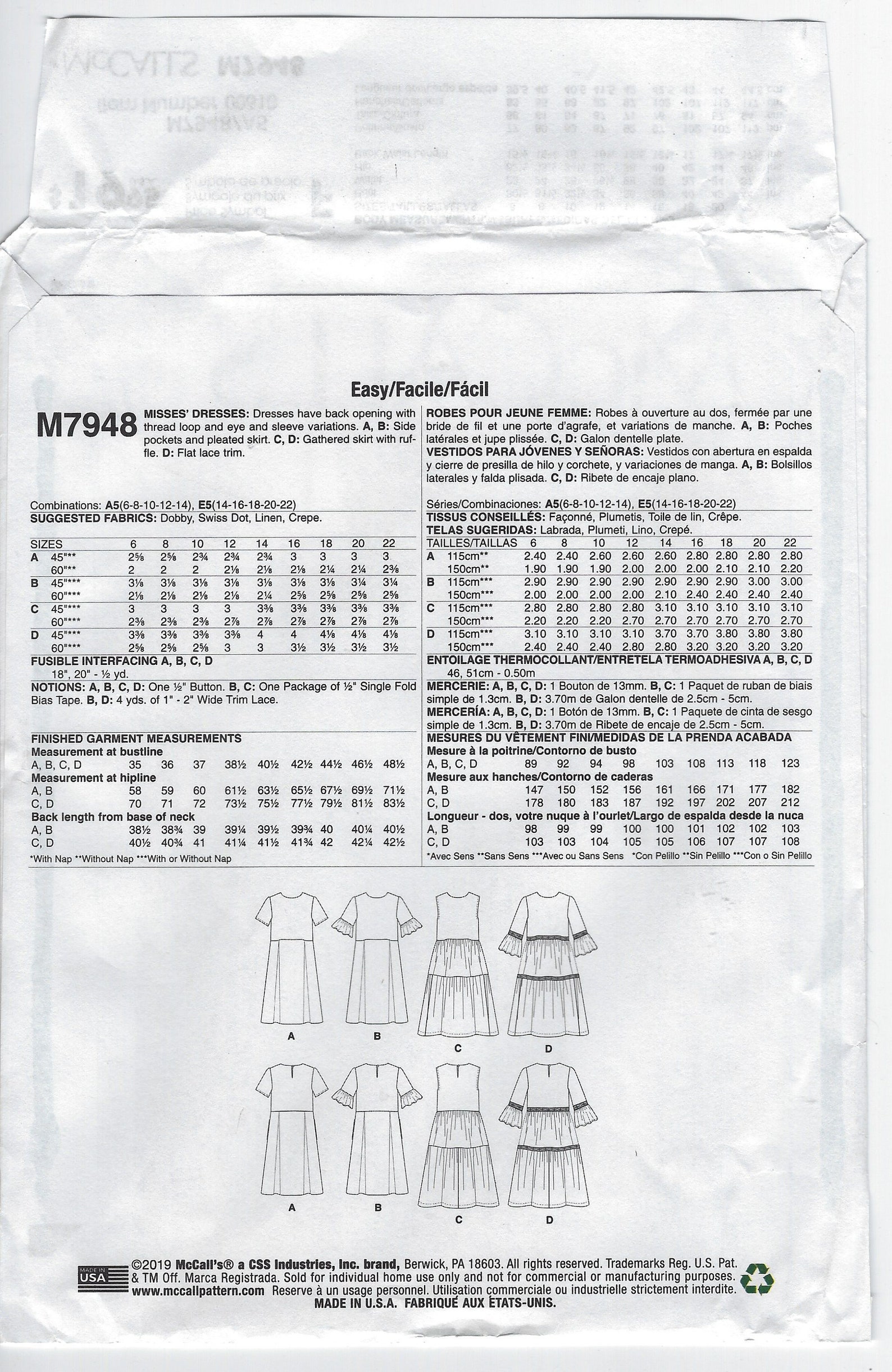 M7948 Mccall's Misses Dress W/gathered Skirt With Ruffle - Etsy