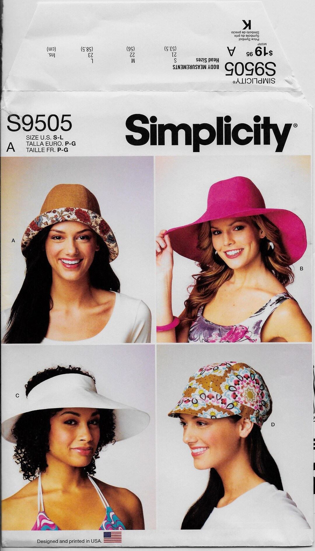 S9505 Simplicity Misses Hats in 4 Styles: Bell-shaped, Open Crown, Wide Brim and Cap New Sewing ...