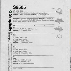 S9505 Simplicity Misses Hats in 4 Styles: Bell-shaped, Open Crown, Wide Brim and Cap New Sewing ...
