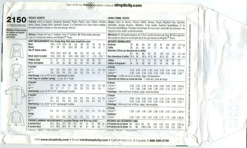 2150 Simplicity Sew Stylish Misses Jackets in 4 Different - Etsy