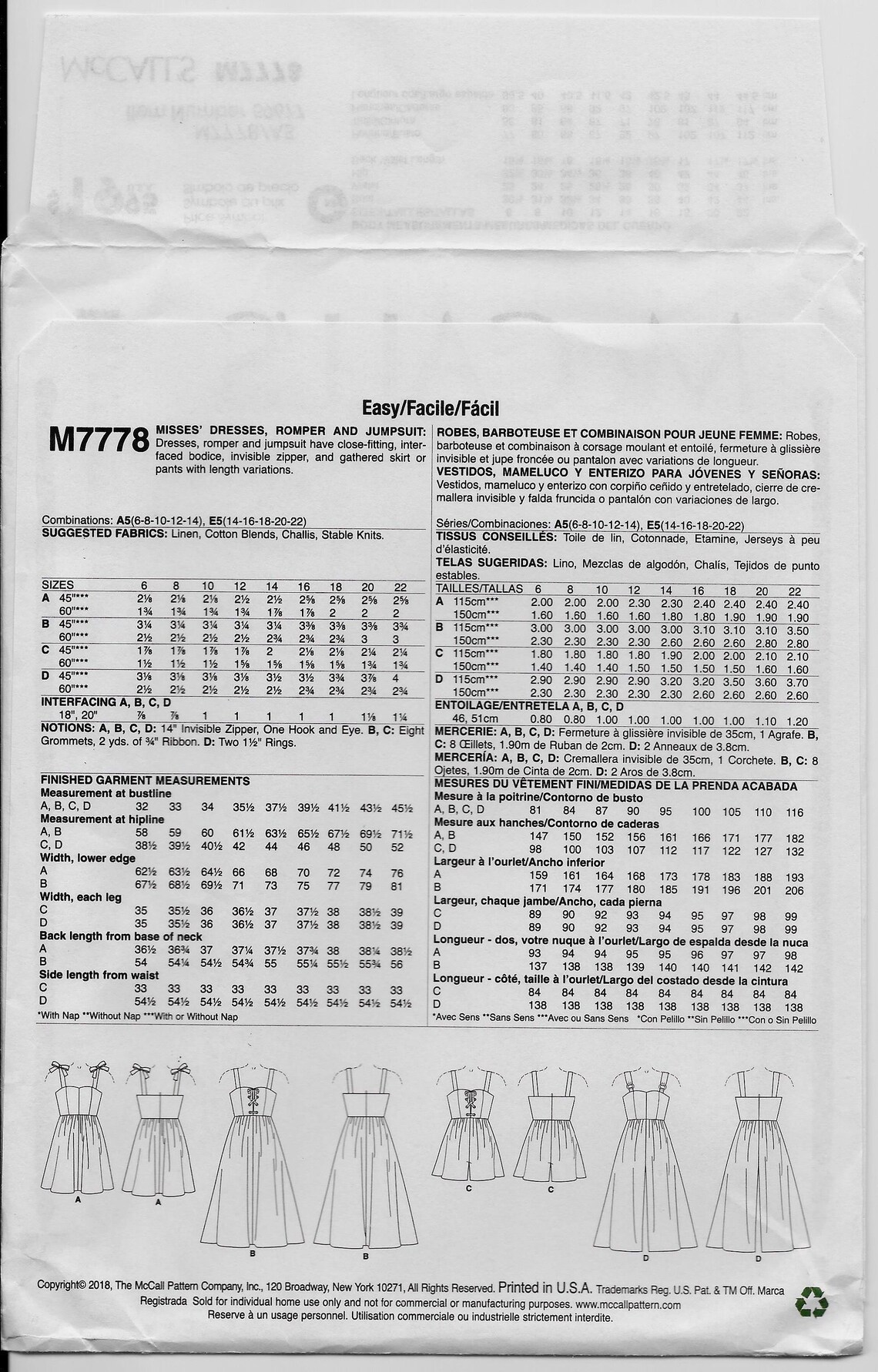 M7778 Mccall's Misses Close-fit Dresses Romper and - Etsy