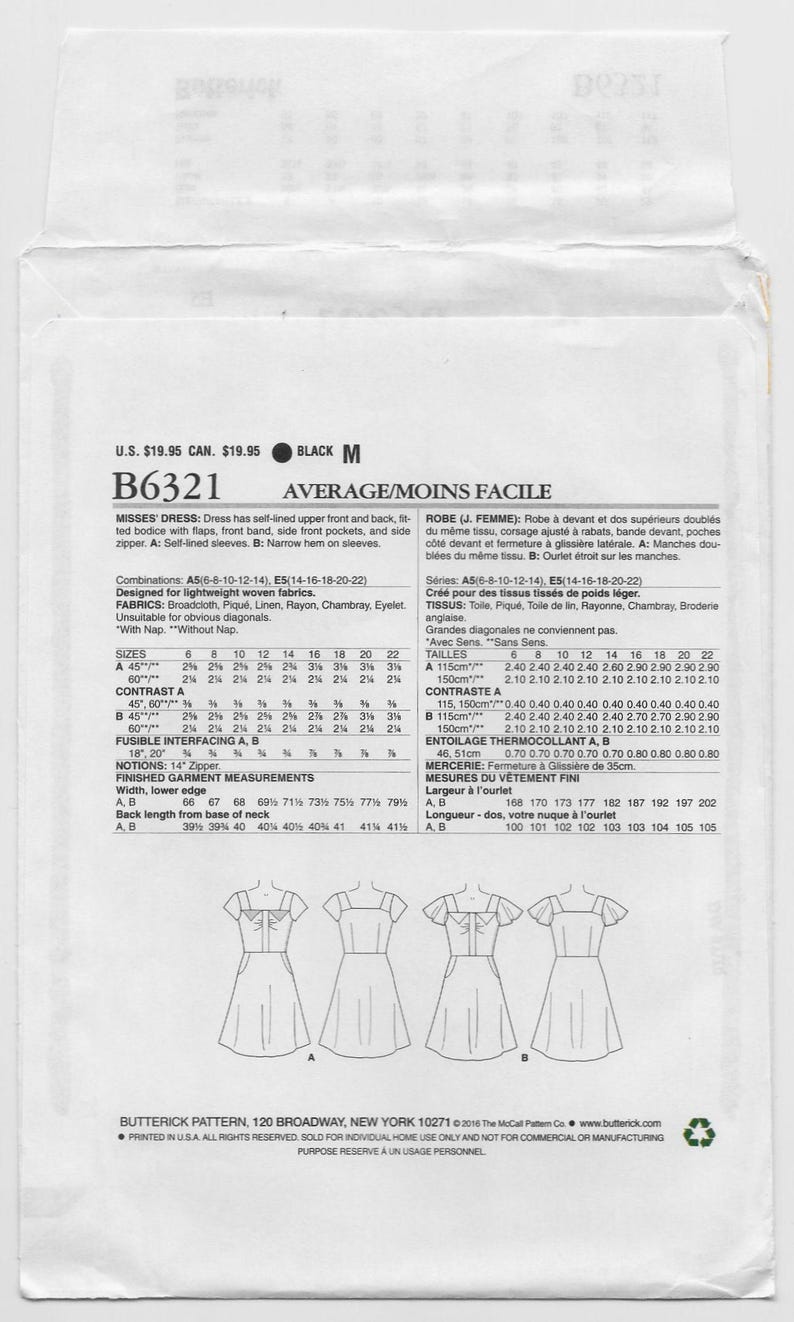 B6321 Butterick - Misses Dress W/square Neck, Fitted Bodice Has Flaps ...