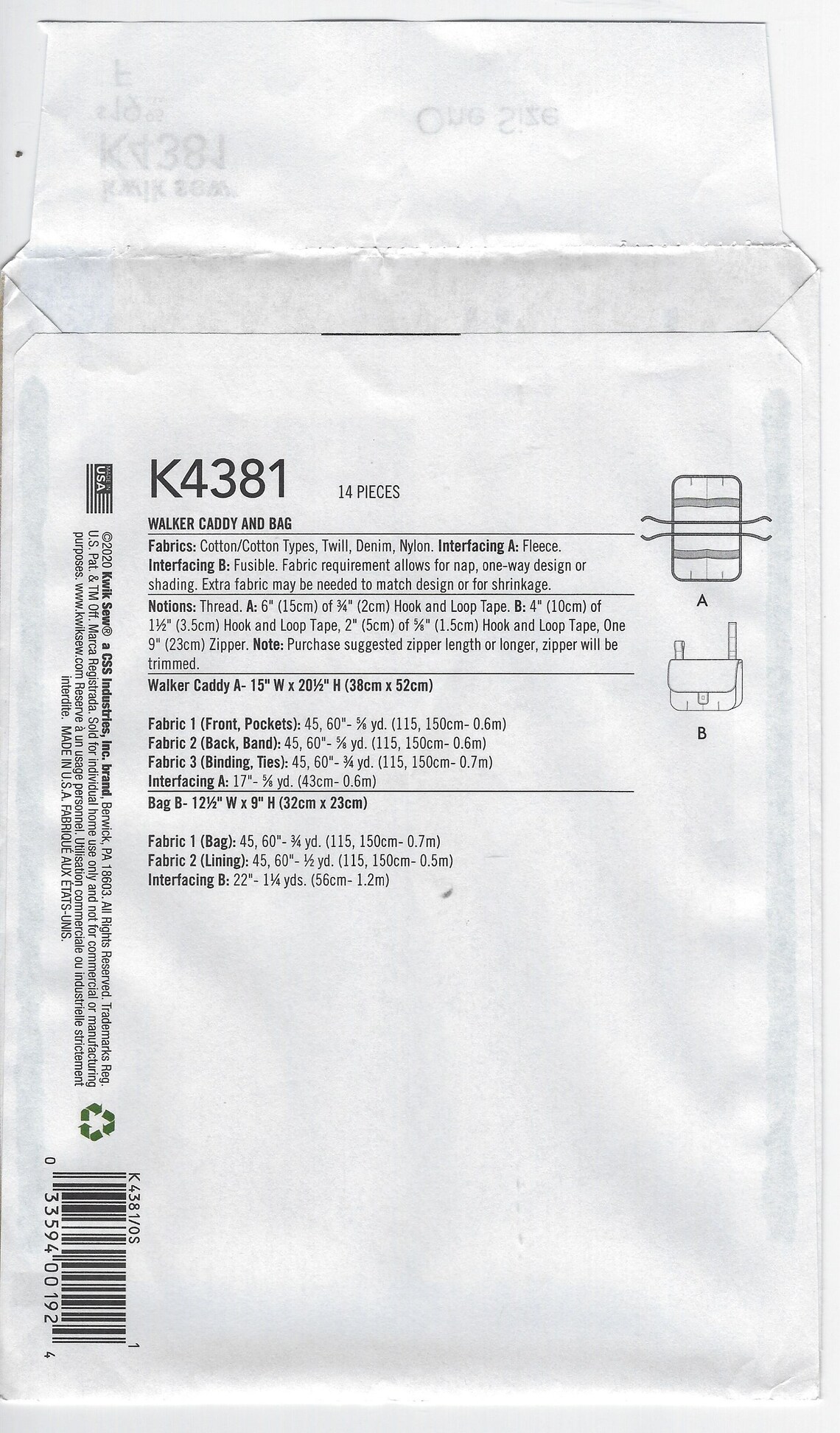 K4381 / K3927 Kwik Sew Walker Accessories: Bag and Caddy | Etsy