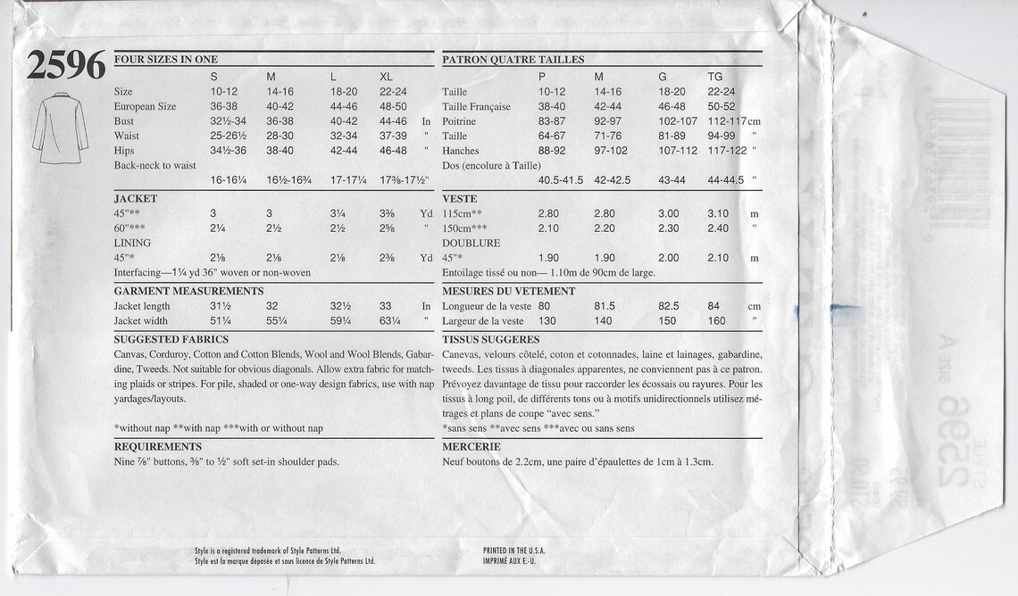 2596 Style Patterns Misses Double Breasted Coat With Notched | Etsy