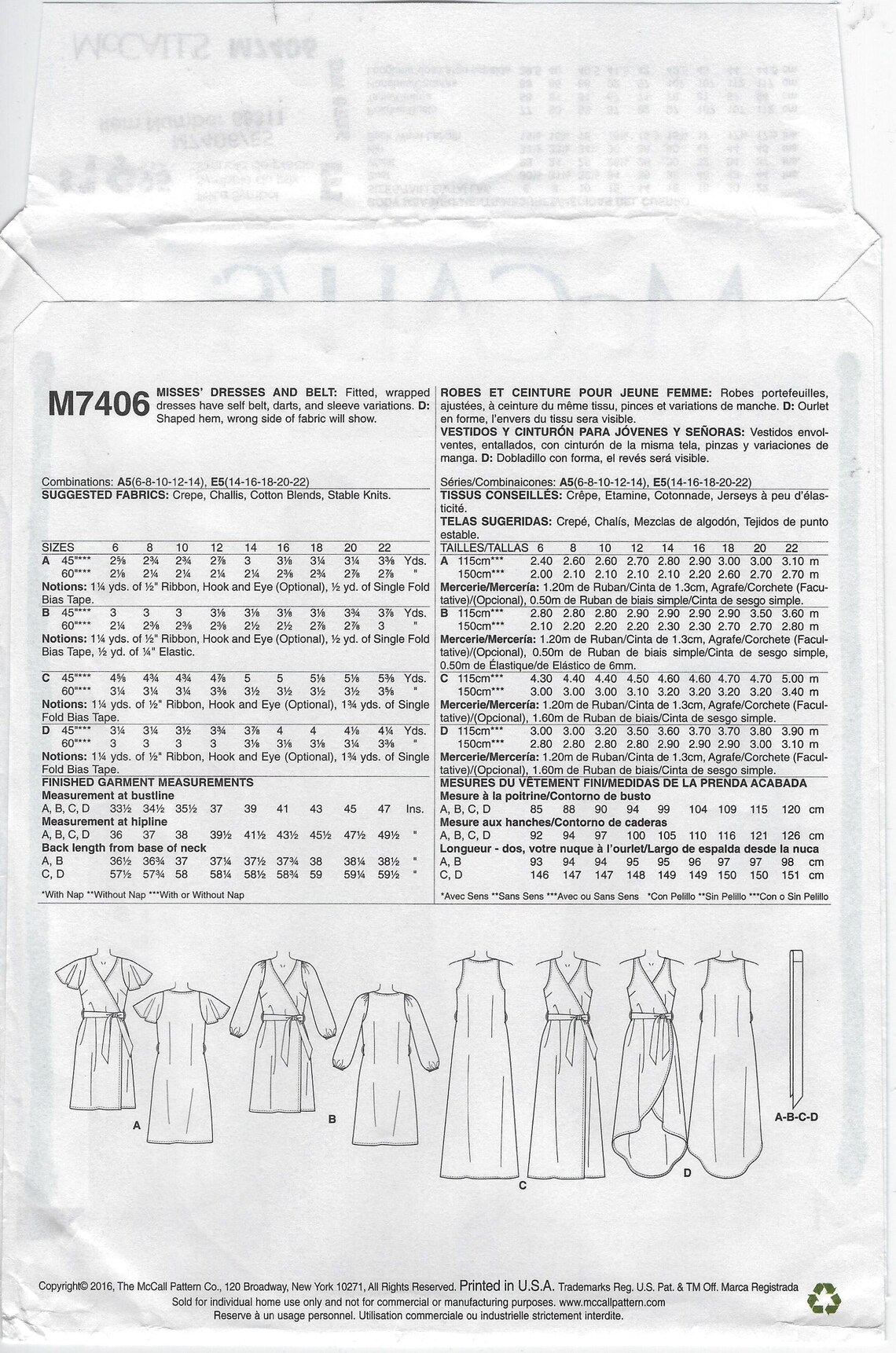 M7406 Mccall's - Misses Wrap Dress With Flutter, Bishop Sleeves or ...
