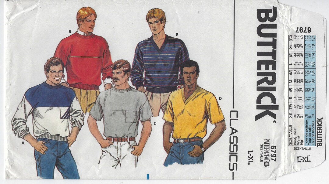 6797 Butterick Classics Mens Pullover, Knit Top With Neckband, Sleeve ...