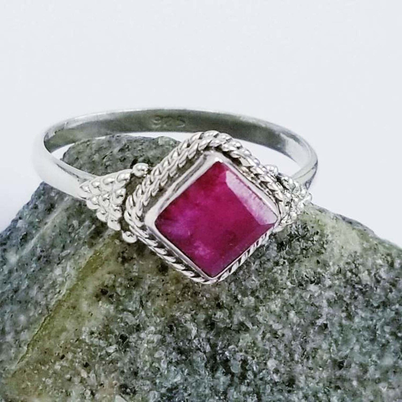 Natural Red Ruby square Gemstone Stylish Ring 925 Sterling | Etsy