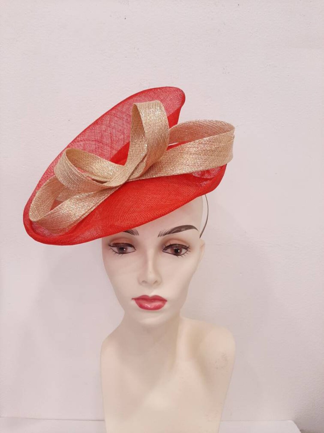Red and Gold Sisal Fascinator, Wedding Cocktail Ceremony, "double ...