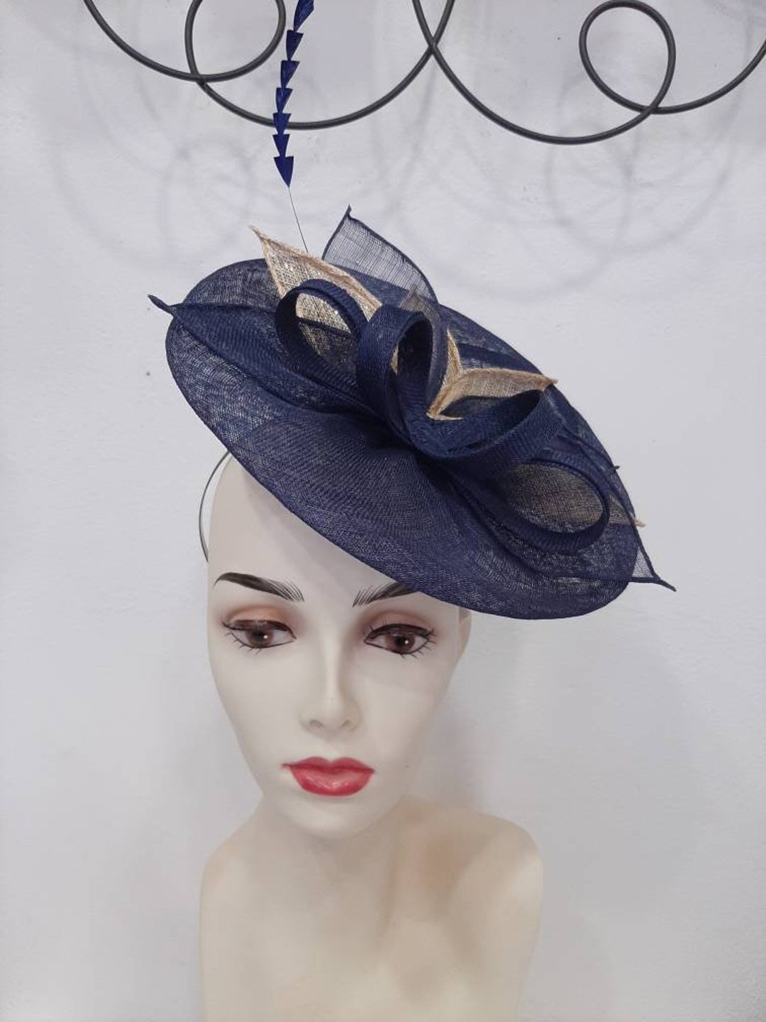 Navy Blue and Natural Gold Lamé Leaves Wedding Fascinator, leaves Model ...