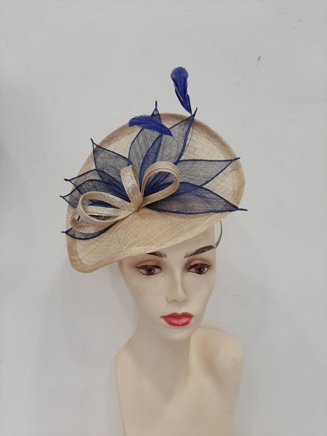 Midnight Blue Leaf-shaped Wedding Fascinator, Natural Silver Lamé Base ...