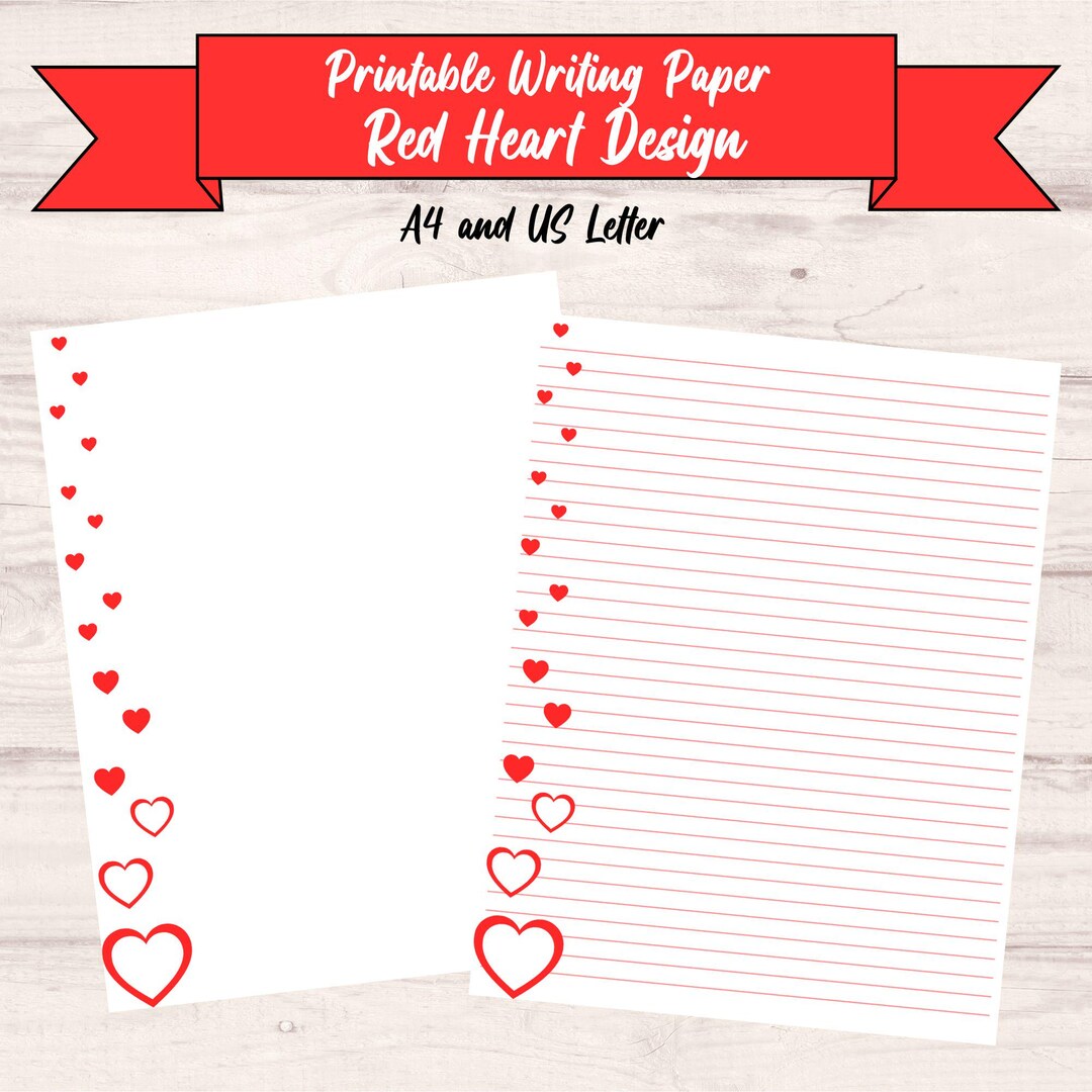 Red Heart Border Writing Paper Printable | Lined & Unlined Stationery ...