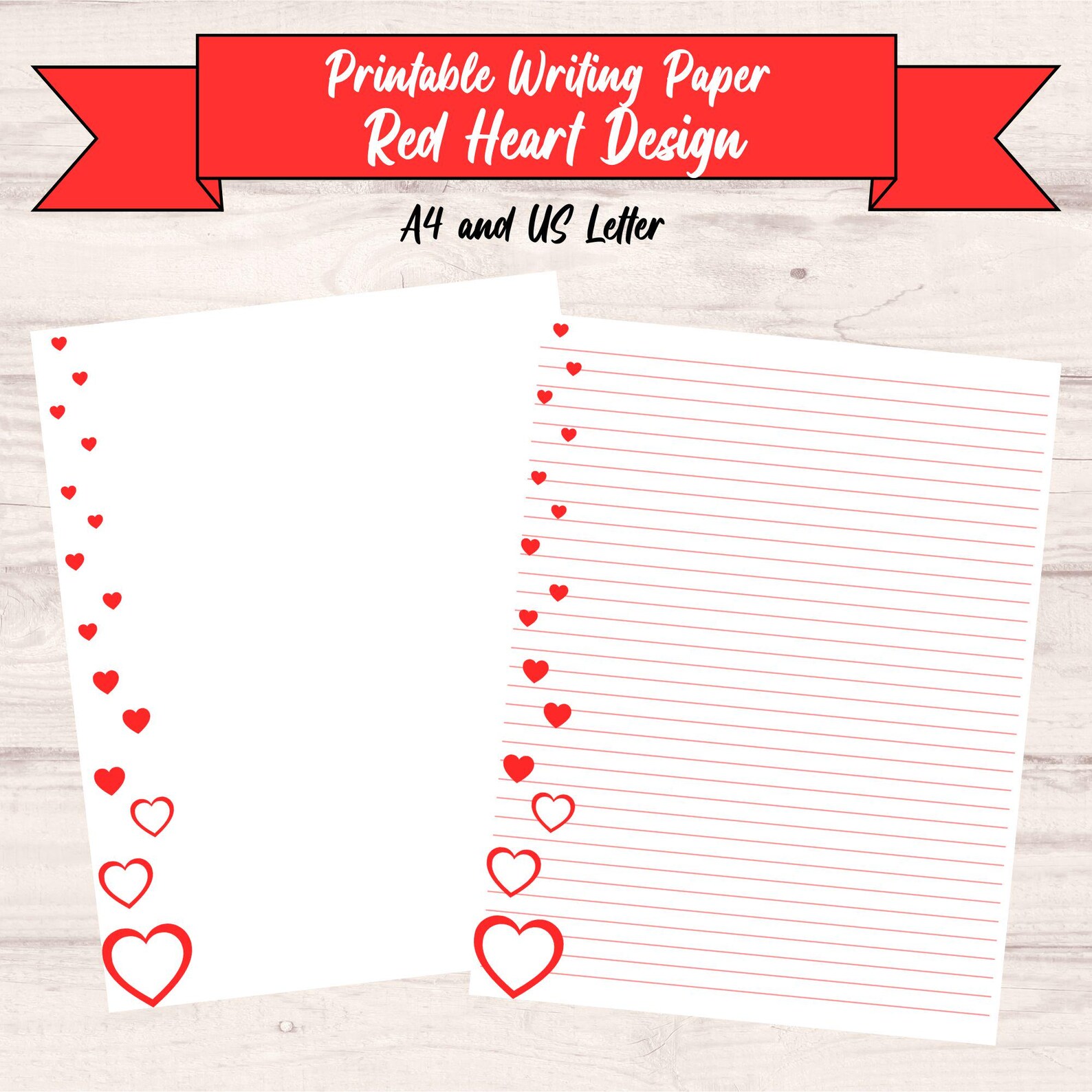 Red Heart Border Writing Paper Printable | Lined & Unlined Stationery ...