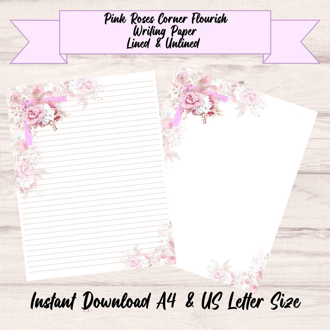 Pink Roses Corner Flourish Writing Paper – A4 & US Letter Printable ...