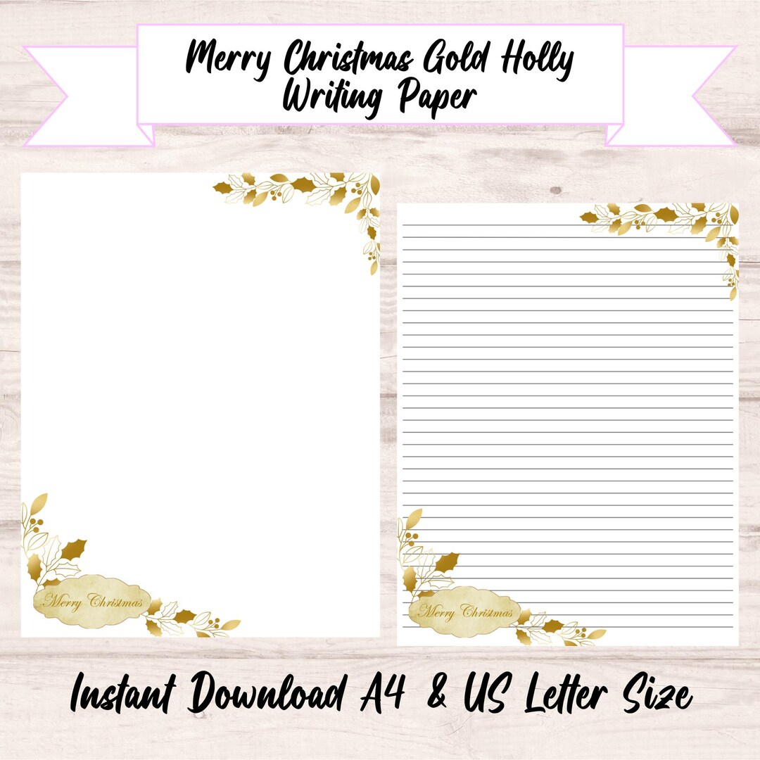 Gold Holly Christmas Writing Paper | Printable Lined Stationery ...