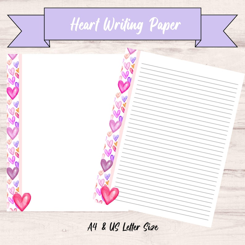 Watercolor Heart Writing Paper Printable | Lined and Unlined Letter ...