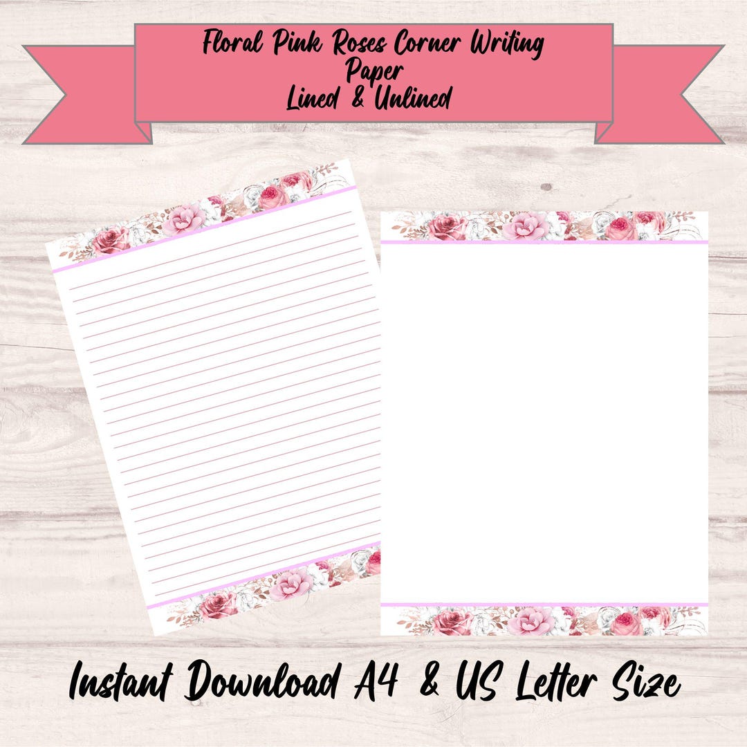 Pink Roses Border Writing Paper – A4 and US Letter Top & Bottom Floral ...