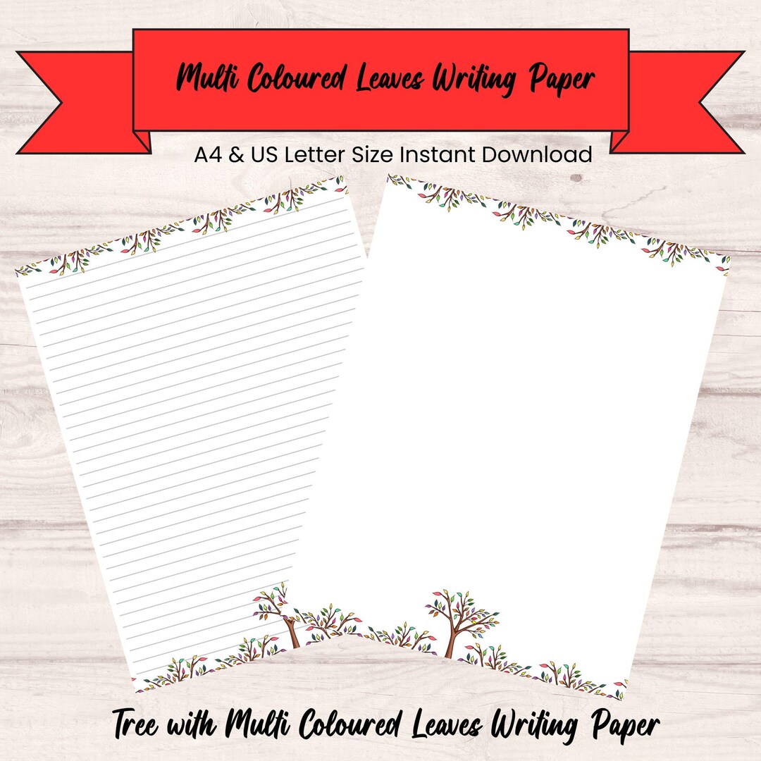 Tree Writing Paper Set | Multicolour Leaves | Lined & Unlined | Instant ...