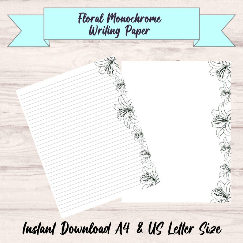 Monochrome Lilies Writing Paper | Lined & Unlined A4 and US Letter - Etsy