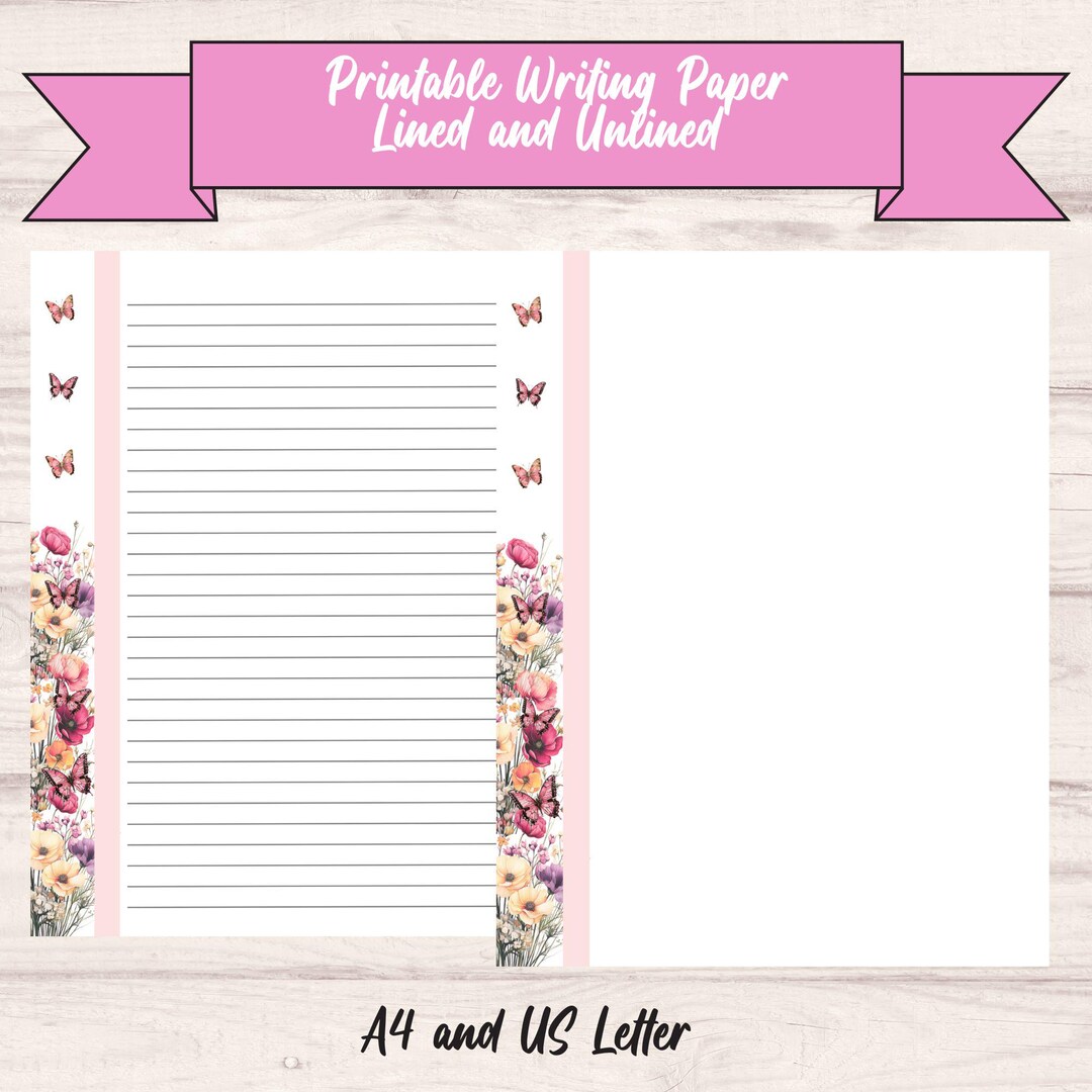 Pink Butterfly Floral Writing Paper Printable | Lined & Unlined | A4 ...