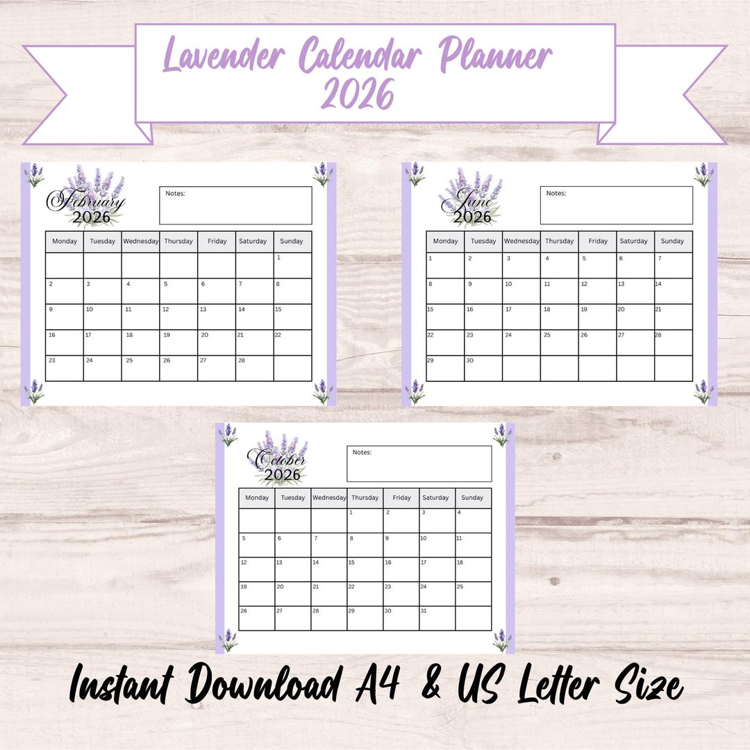 2026 Lavender Calendar Planner | 12 Month Printable | Floral Monthly ...