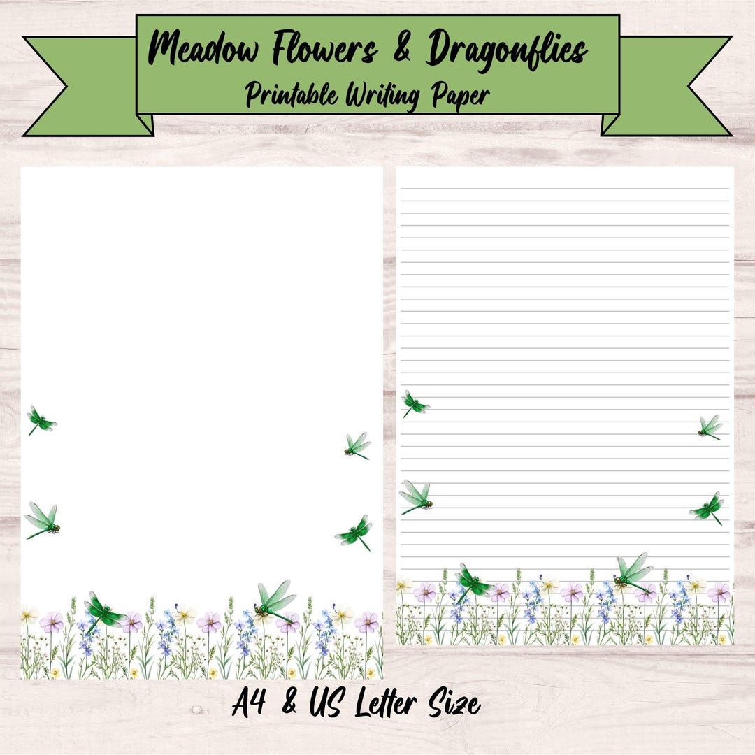Dragonfly Writing Paper Printable | Meadow Flower Stationery | Lined ...