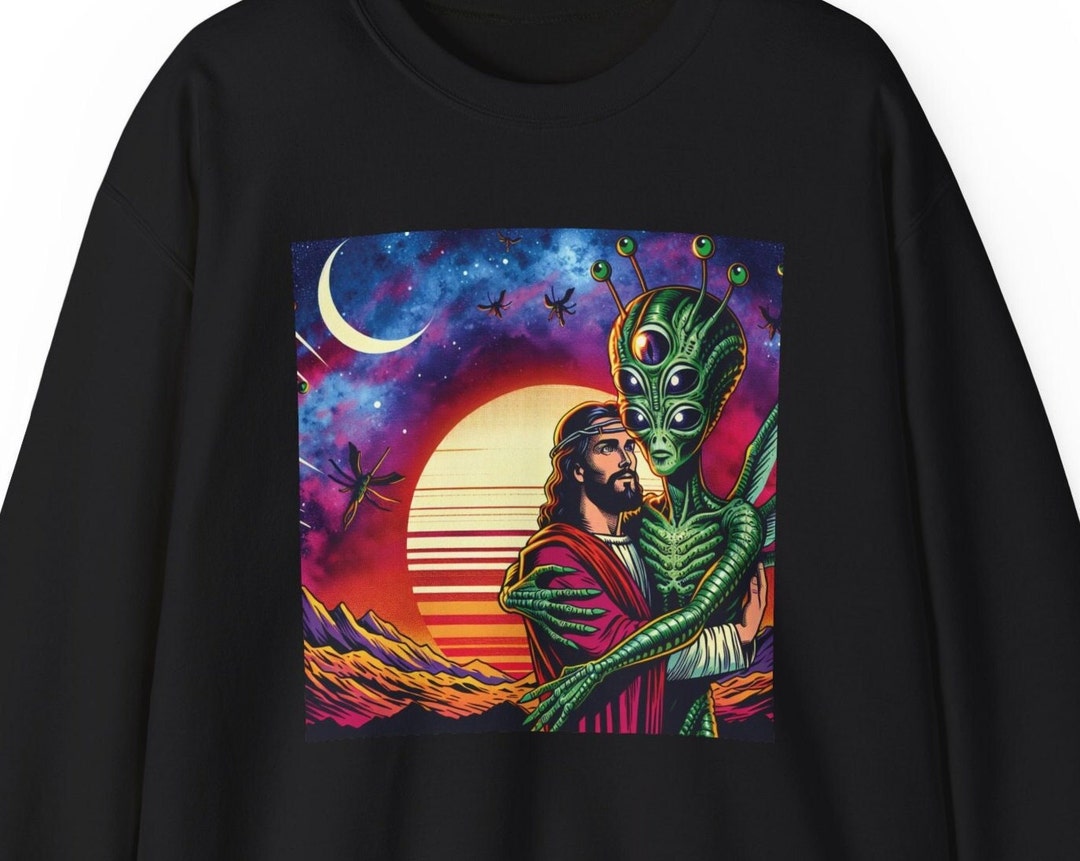 Alien Jesus Hug UFO UAP Believe Retro Sci Fi Religious Hippie Skater ...
