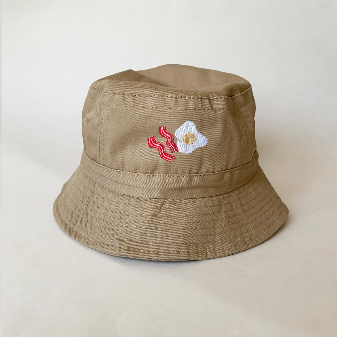 Bacon and Fried Egg Embroidered Washed Cotton Bucket Hat Fishing Hat ...