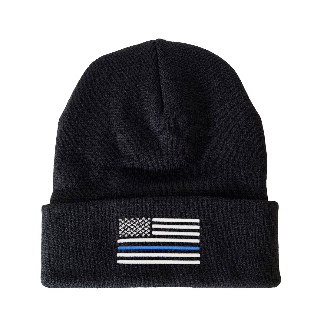 Thin Blue Line American Flag Embroidered Beanie Law Enforcement Winter ...