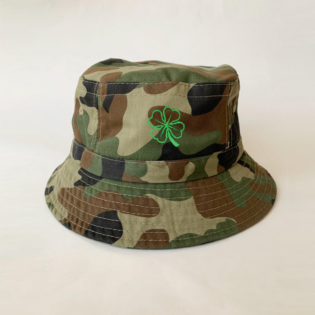 4 Leaf Clover Outline Embroidered Washed Cotton Bucket Hat Fishing Hat ...