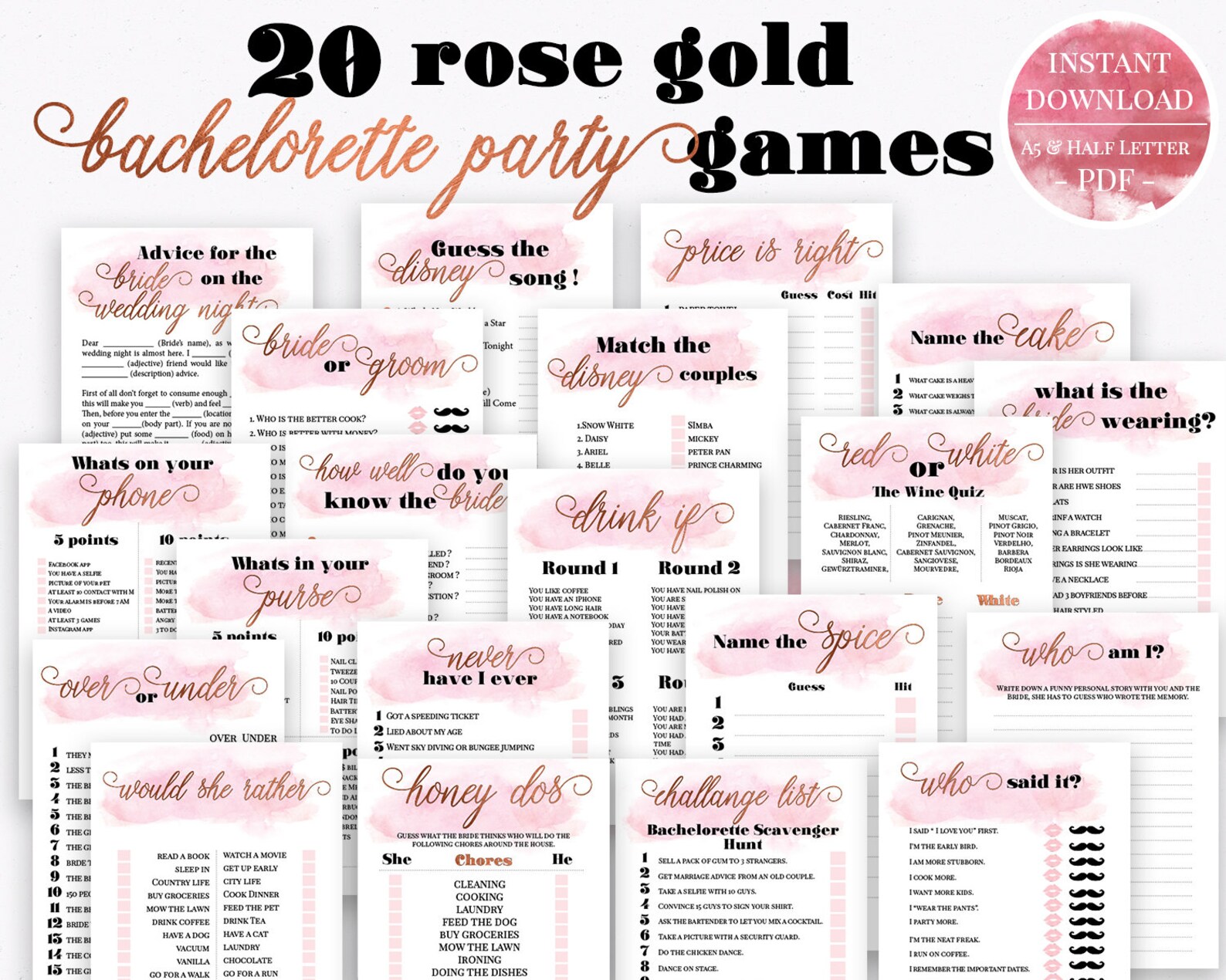 12 Rose Gold Bachelorette Party Games, Printable Bachelorette Party ...