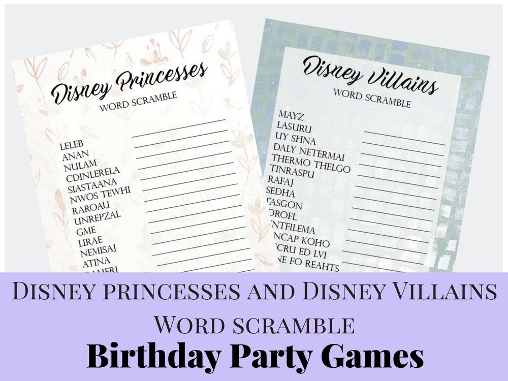 Disney Princesses and Disney Villains Word Scramble Birthday Party ...