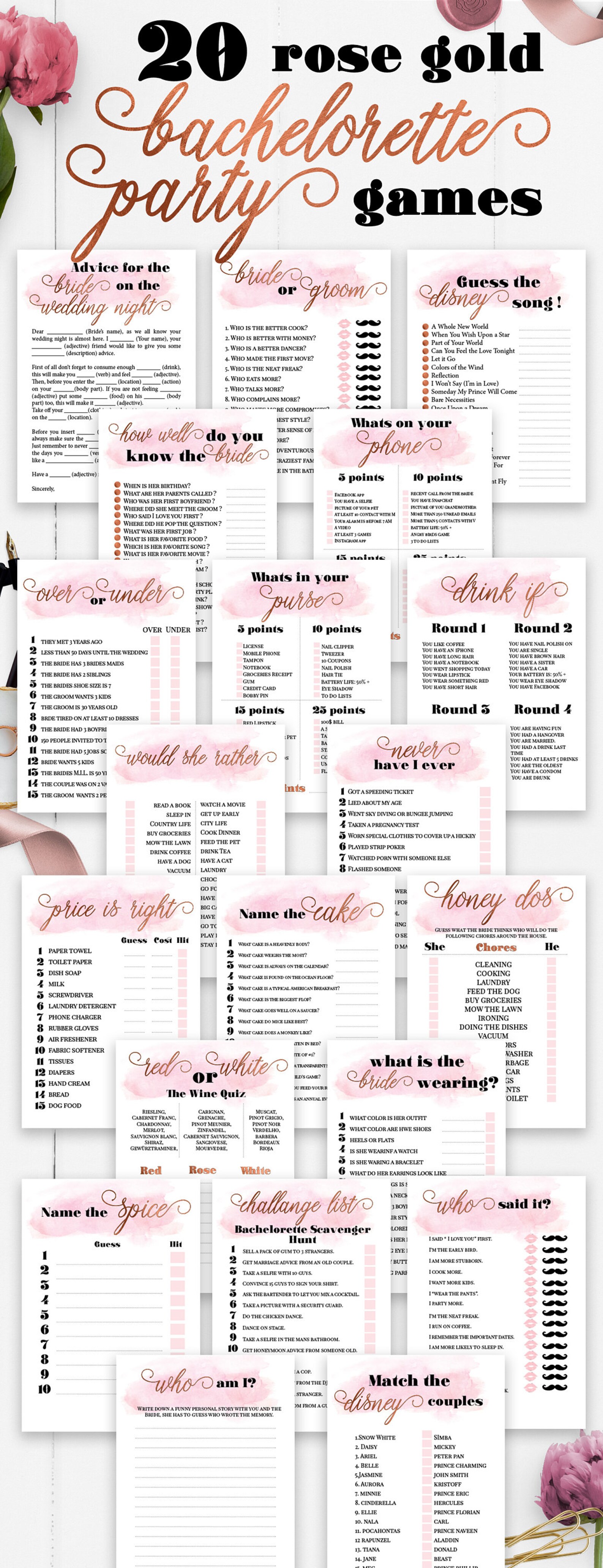 12 Rose Gold Bachelorette Party Games, Printable Bachelorette Party ...