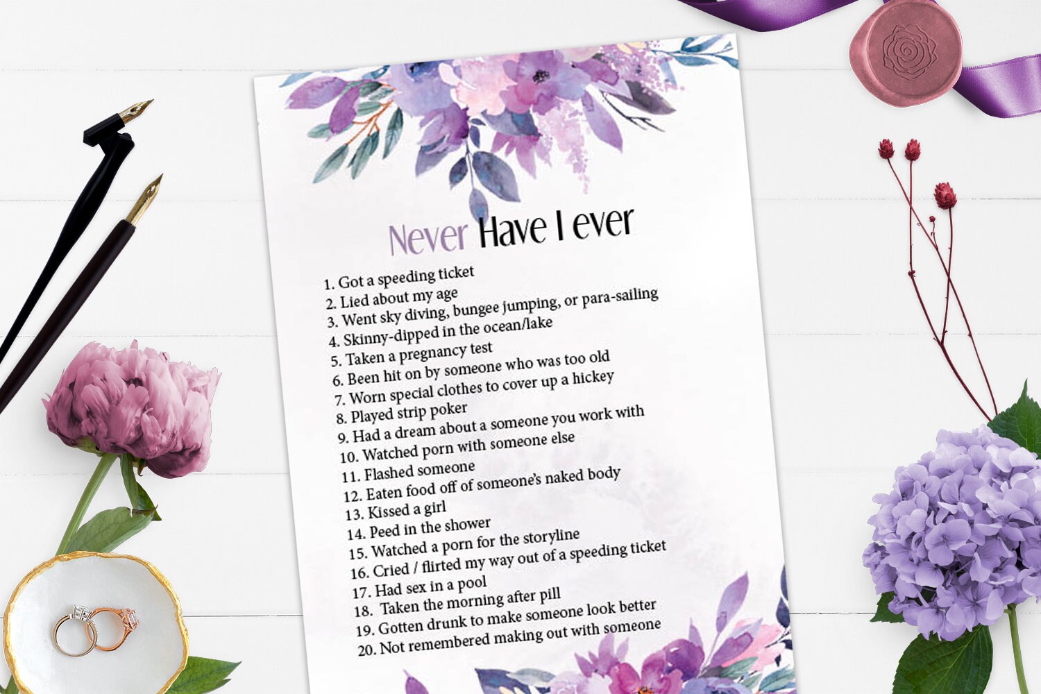 Never Have I Ever Bridal Shower Game, Purple Floral Bachelorette Party ...