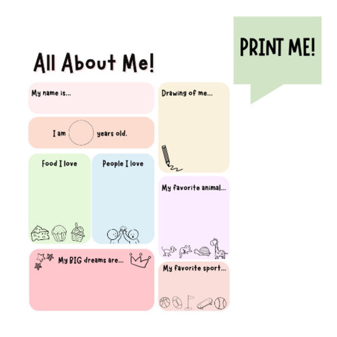 DIGITAL FILE- All About Me | Sheets for Kids, Printable Activity ...