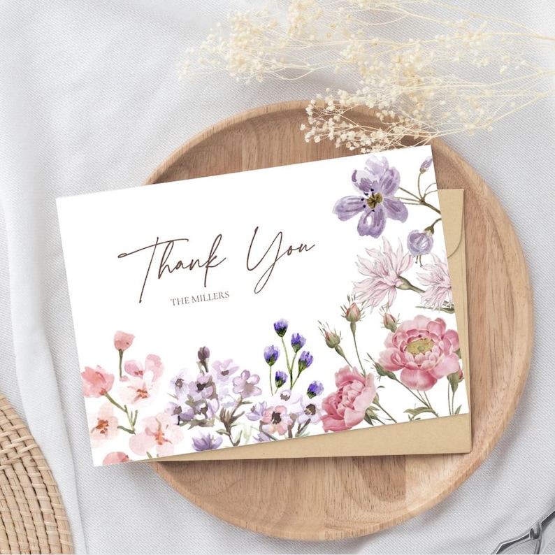 Boho Floral Thank You Card Template, Wildflower Home Stationary ...