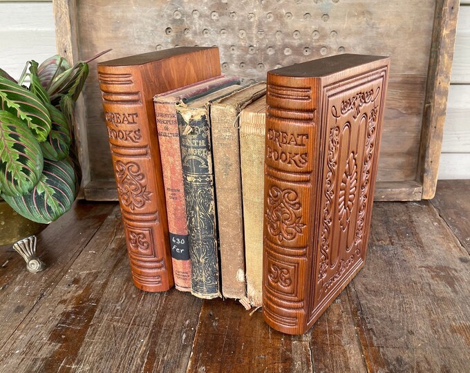 Vintage Carved Wood Bookends Great Books - Etsy