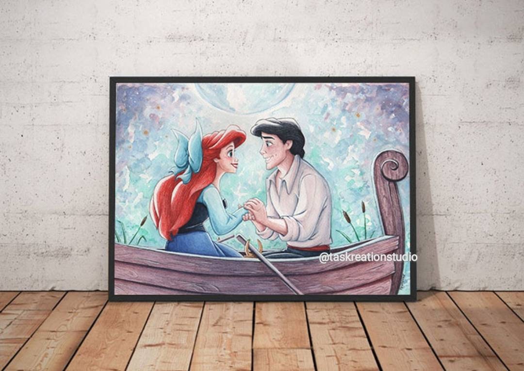 Disney Princess Ariel and Eric the Little Mermaid Watercolour Fine Art ...