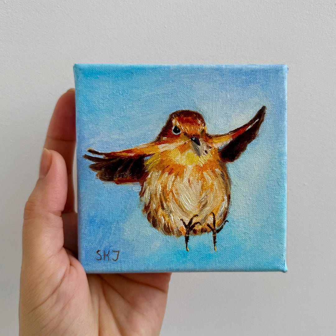 Bird Art, Oil Painting Sparrow Art, Framed Original 4x4 Canvas. Sparrow ...