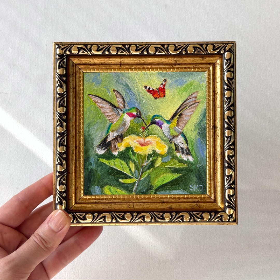 Hummingbird Oil Painting - Small Kitchen Art, Cute Bird Artwork. Framed ...