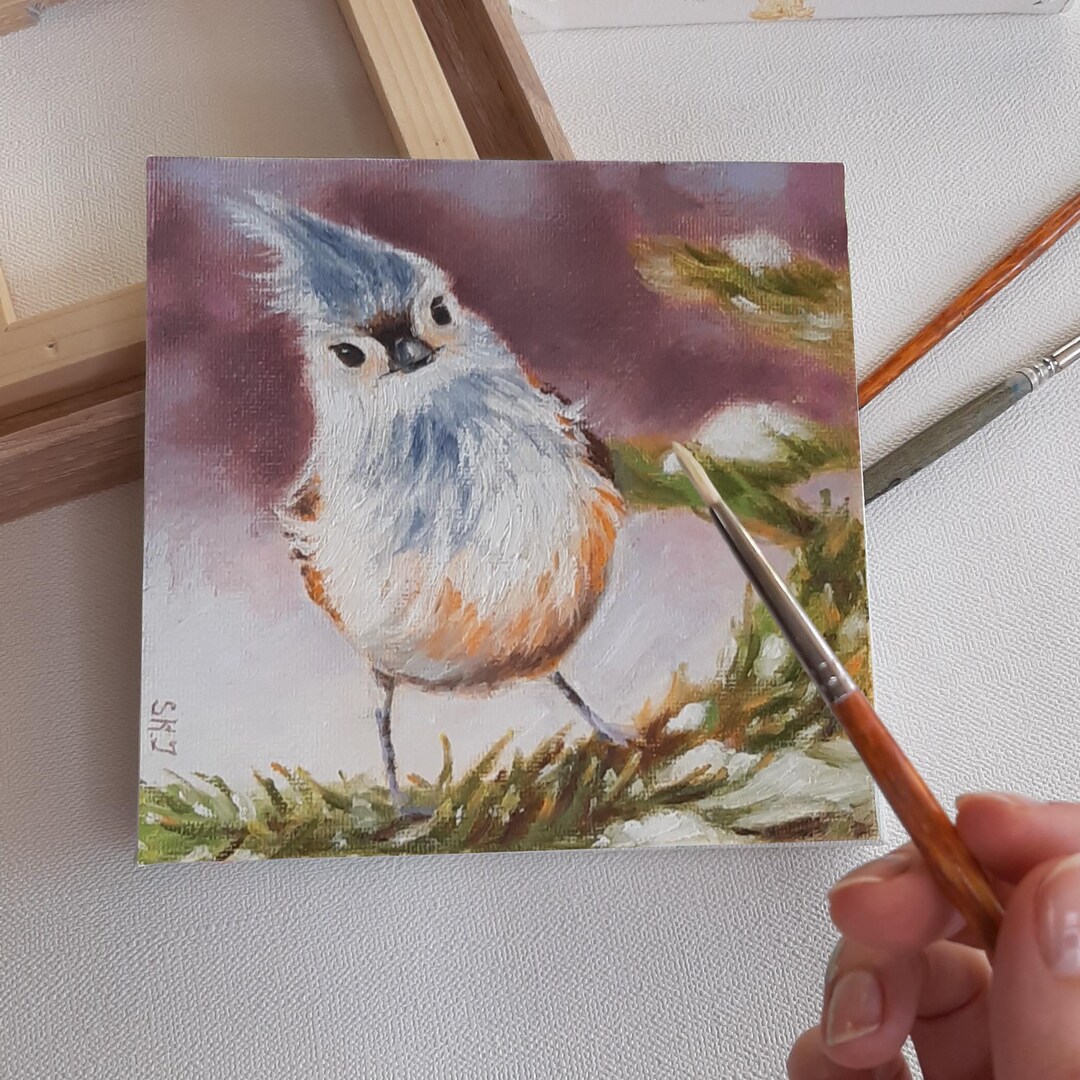 Original Oil Painting Tufted Titmouse Bird Mini Painting, Small Canvas ...