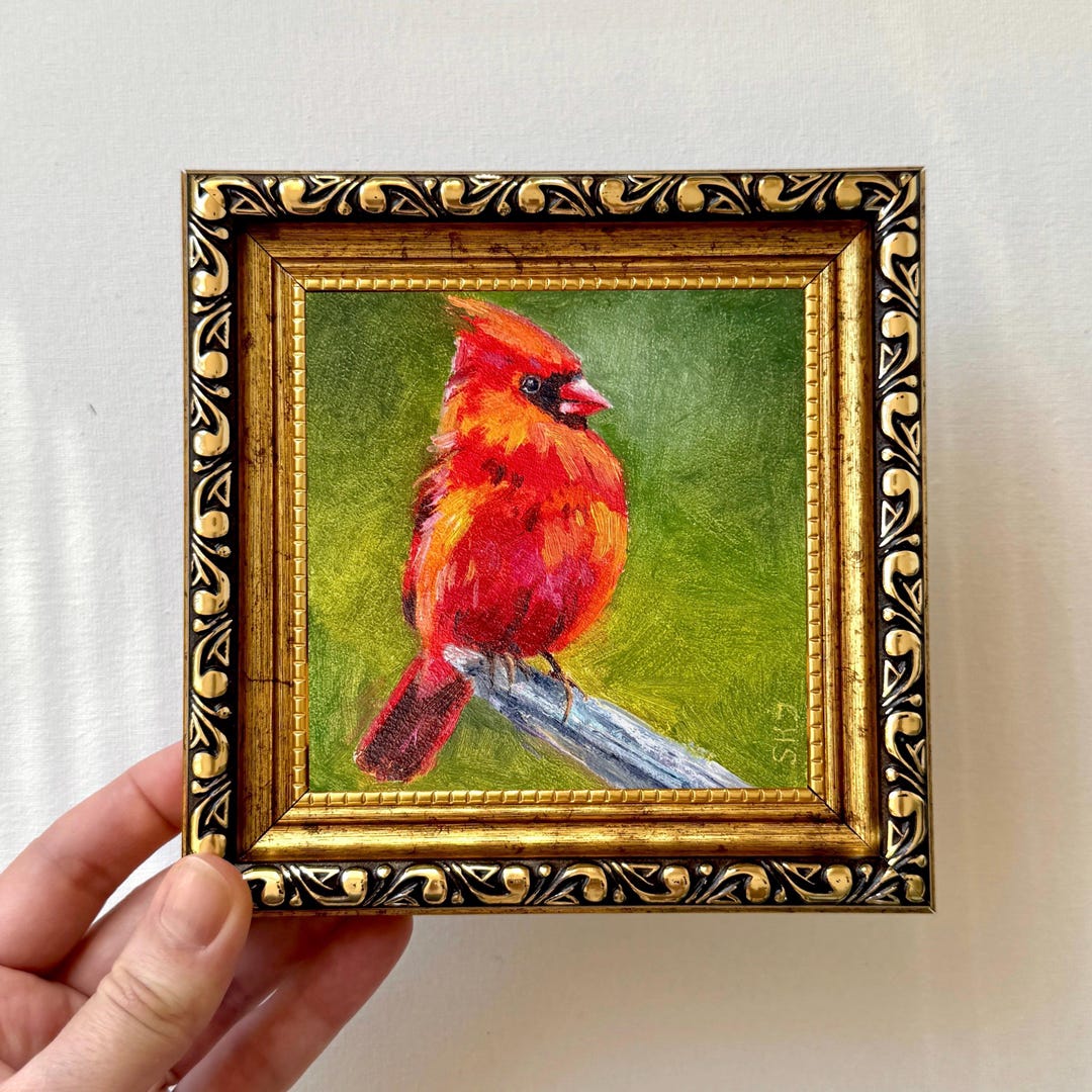 Red Cardinal Painting, Original Mini Oil Painting, Bird Painting ...