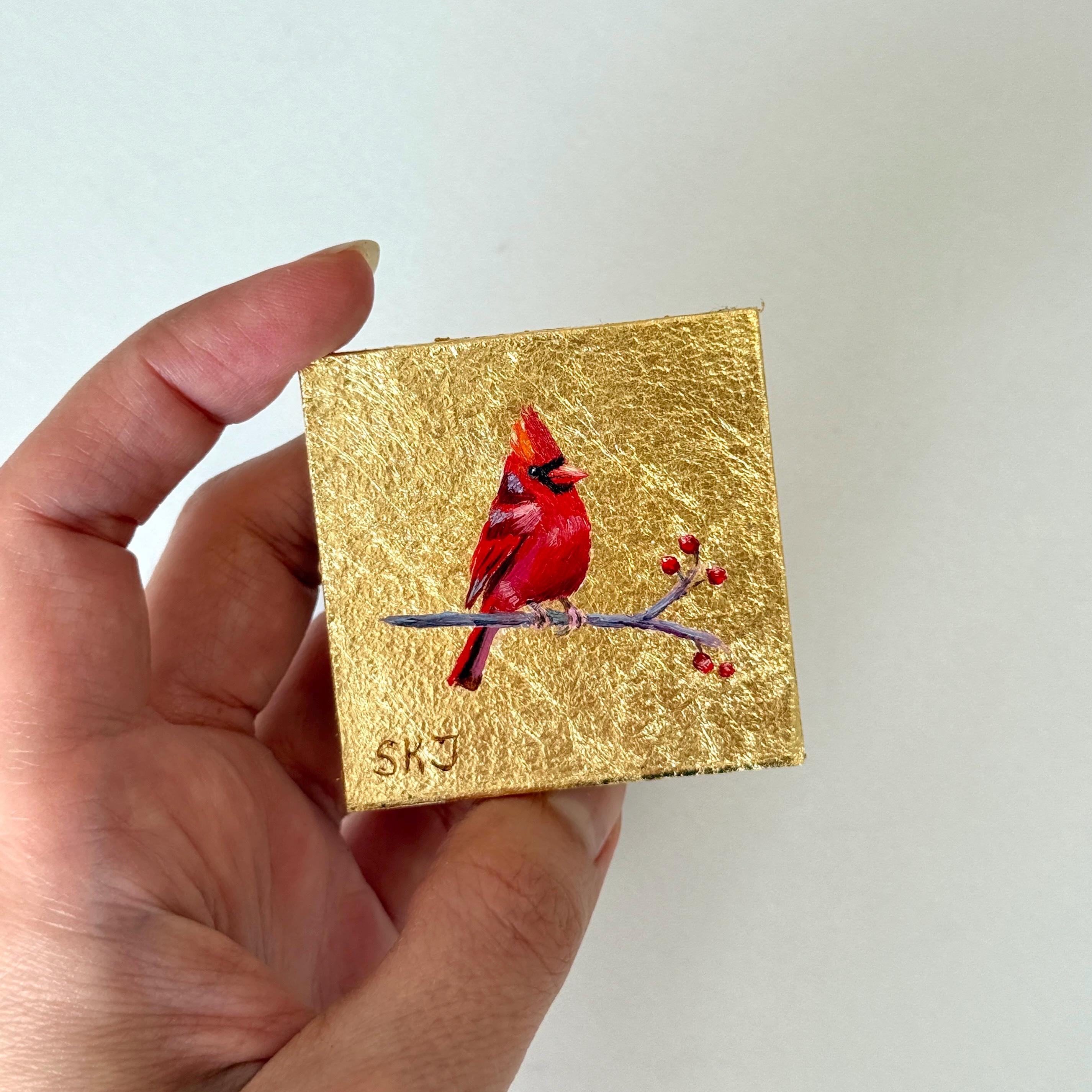 Red Cardinal Miniature Oil Painting Framed Original 2x2 With Gold Leaf ...