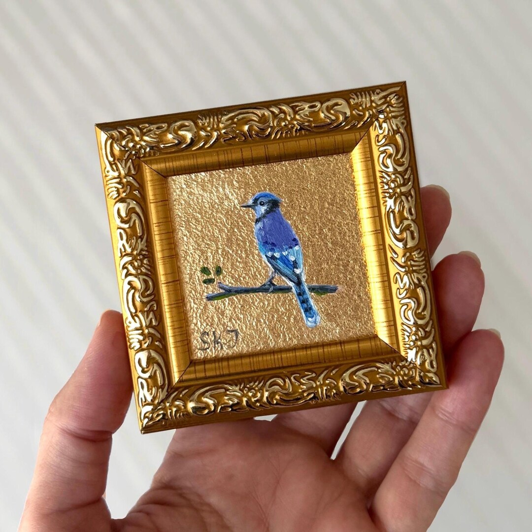 Blue Jay Miniature Oil Painting Framed Original 2x2 With Gold Leaf Tiny ...