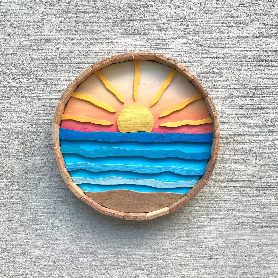 Sunrise Wooden Round - Wooden Wave Round - Reclaimed Wood Art - Wood ...