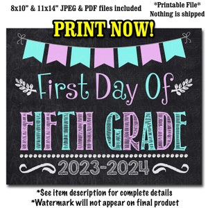 First Day of FIFTH GRADE Sign, School Chalkboard Sign, First Day of ...