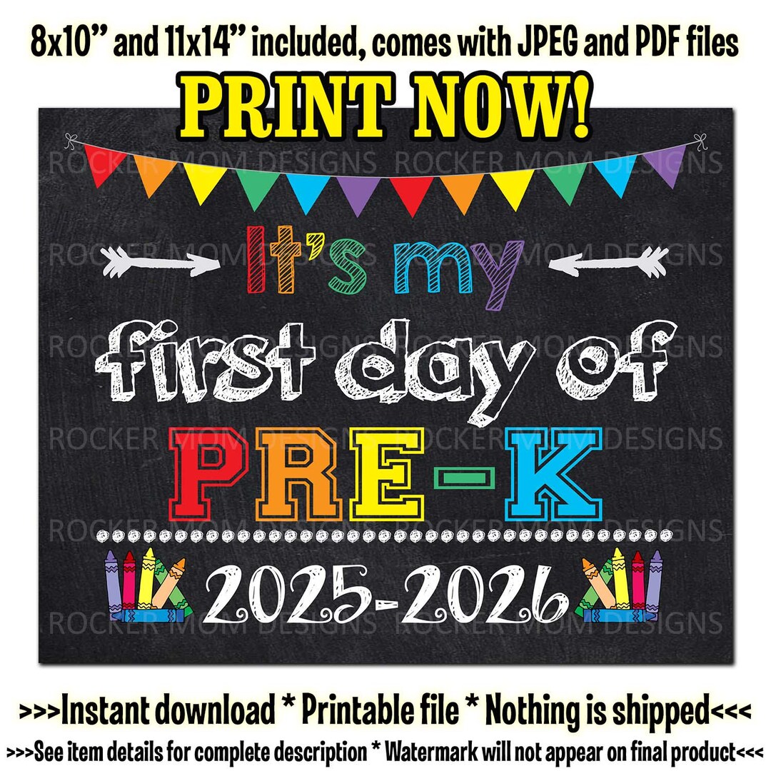 First Day of PRE-K Sign, First Day of School Sign, Chalkboard School ...