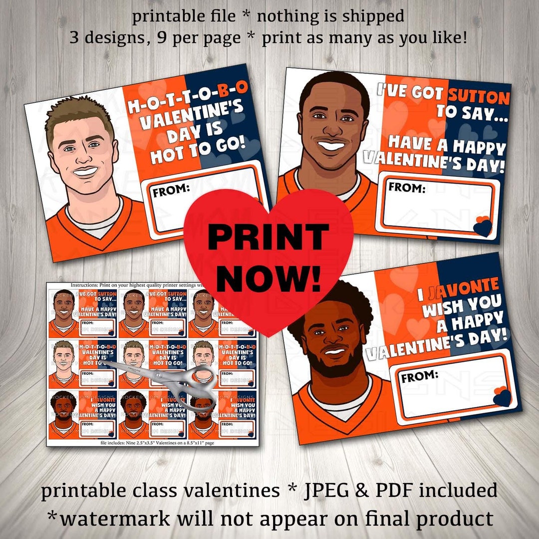 Denver Football Valentines, PRINTABLE American Football Valentine Cards ...