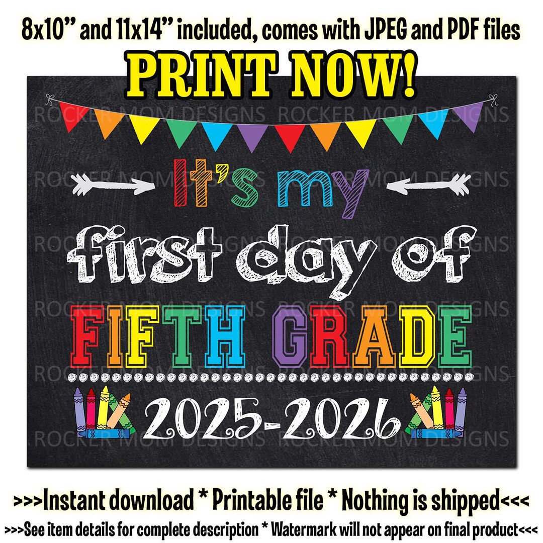 First Day of 5th Grade Sign, First Day of School Sign Chalkboard Poster ...