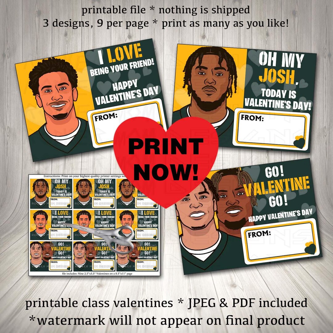 Green Bay Football Valentines, PRINTABLE American Football Valentine ...