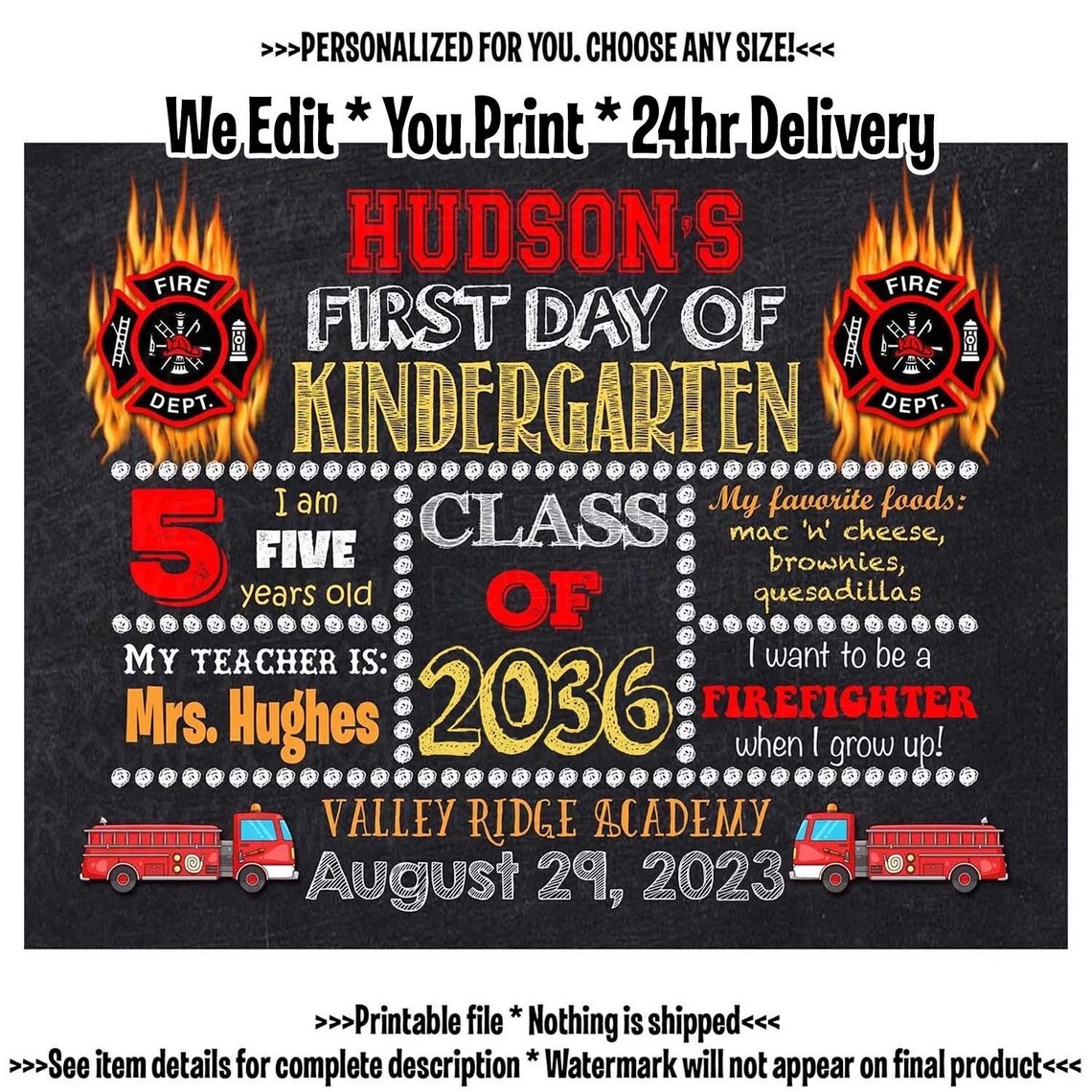 Fire Truck First Day of School Sign: Personalized Chalkboard (digital ...